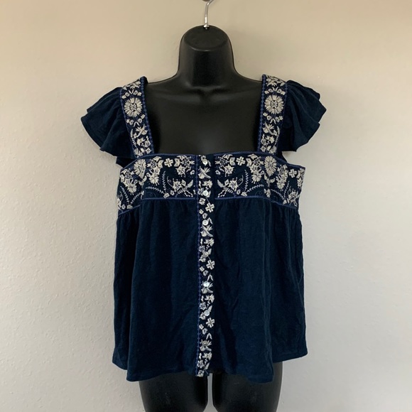 super overseas | Tops | Super Overseas Navy Blue Floral Embroidered ...